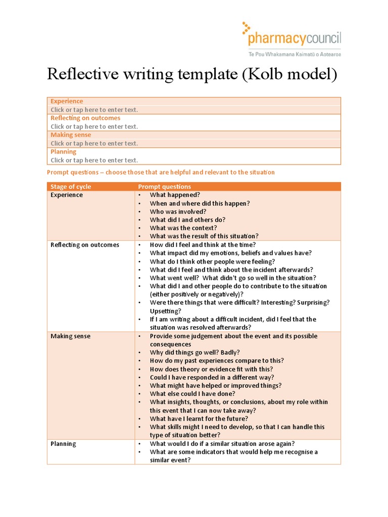 Kolb Reflective Writing Template | PDF | Experience | Thought