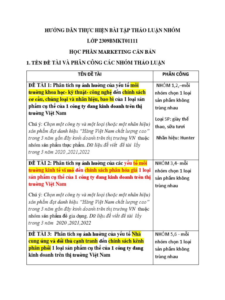 HƯỚNG DẪN THỰC HIỆN BÀI TẬP MKTCB- 2309 | PDF