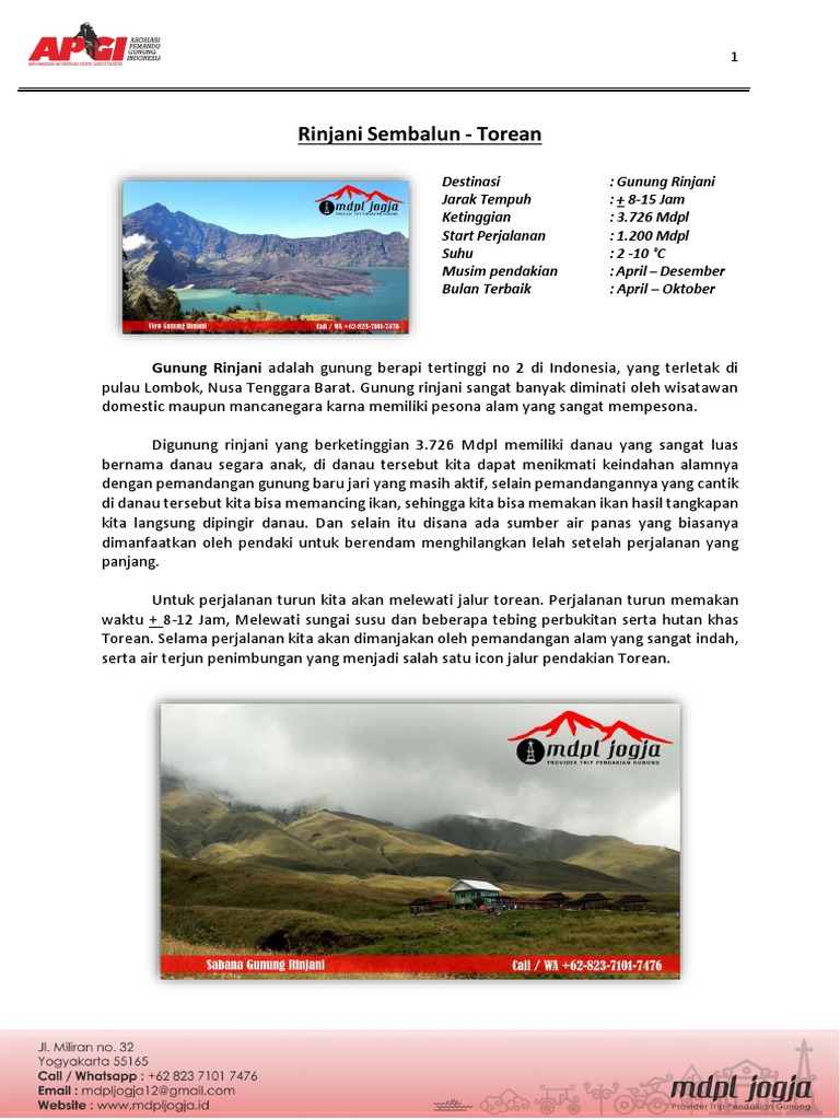 OT Gunung Rinjani Via Sembalun 2023 | PDF