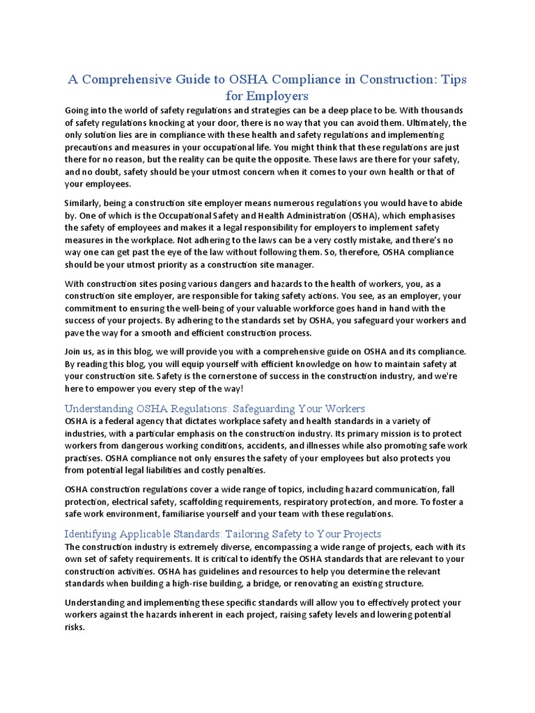 A Comprehensive Guide To Osha Compliance In Construction Tips For