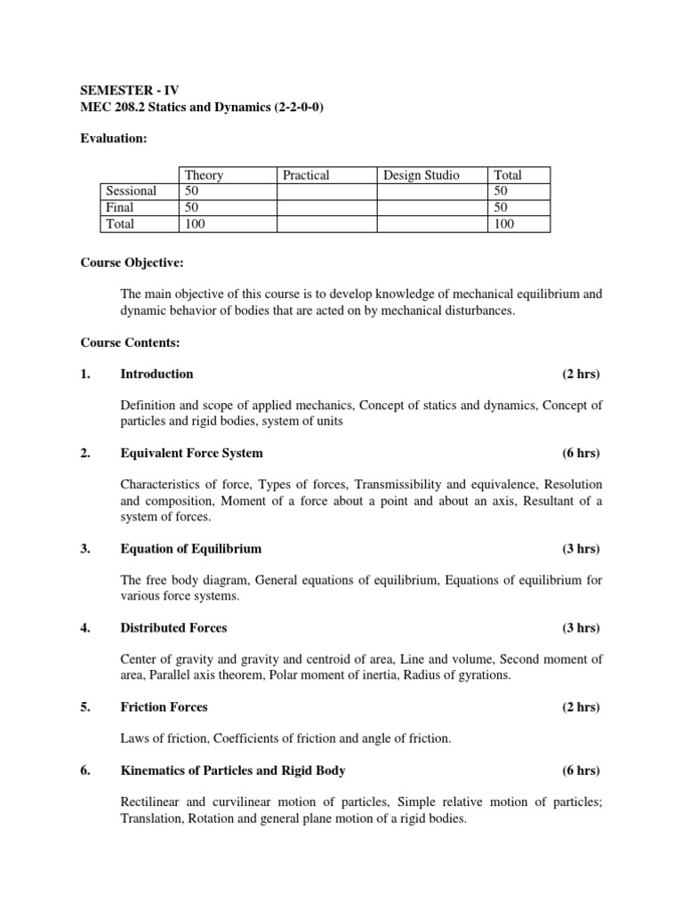 Statics and Dynamics Course Overview | PDF | Force | Theoretical Physics
