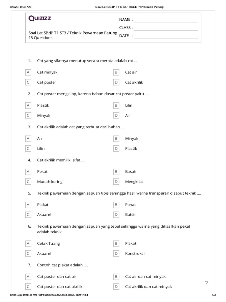 Soal Lat SBDP T1 ST3 - Teknik Pewarnaan Patung | PDF