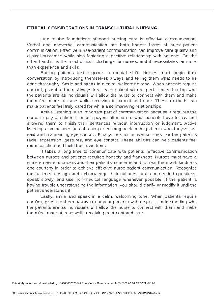 Ethical Considerations in Transcultural Nursing. | PDF | Communication | Nonverbal Communication