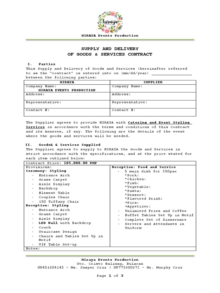 Events Production - SAMPLE Supplier Contract | PDF