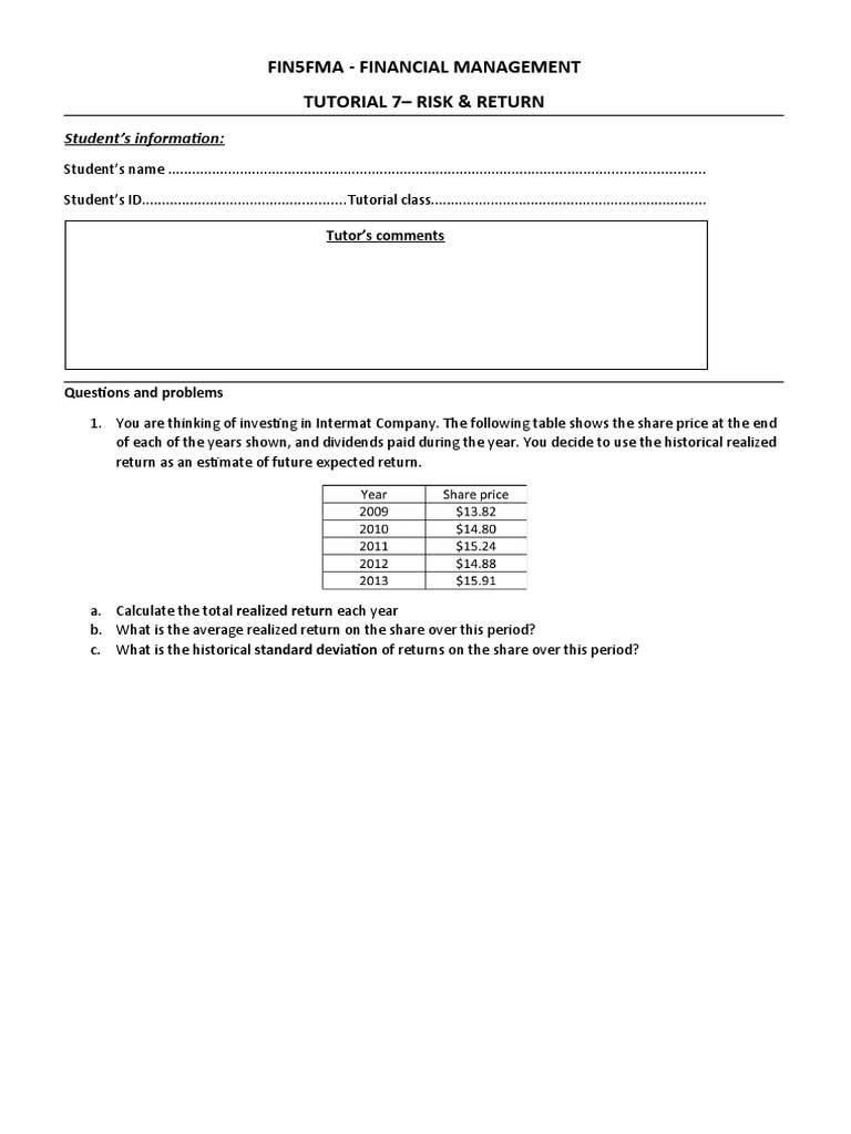 2023 - Tutorial 7 Risk - Return - CAPM | PDF | Risk Premium | Beta (Finance)