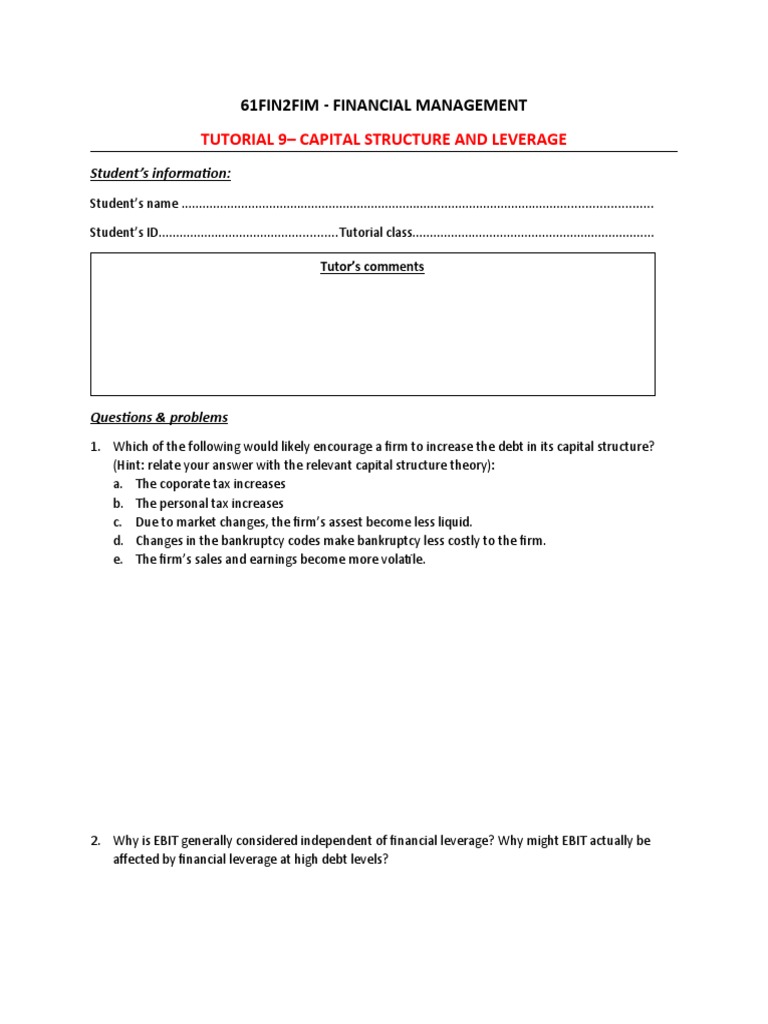 Capital Structure and Leverage Tutorial | PDF | Capital Structure ...
