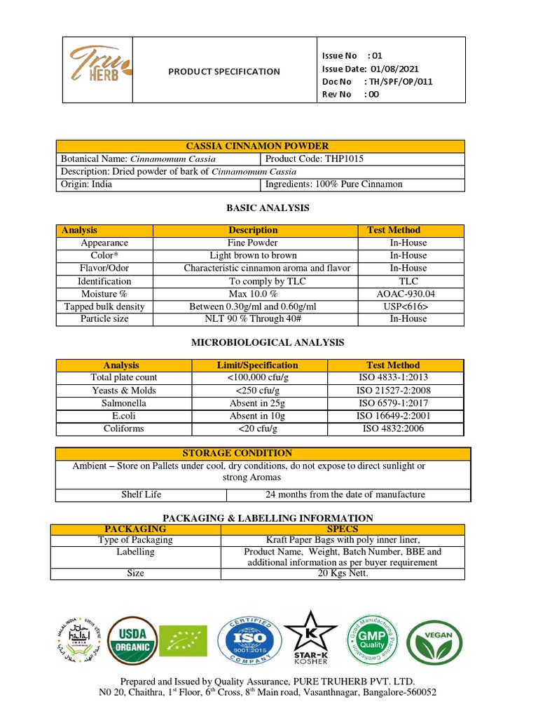 Specification-Cassia Cinnamon Powder | Download Free PDF | Herbs And ...