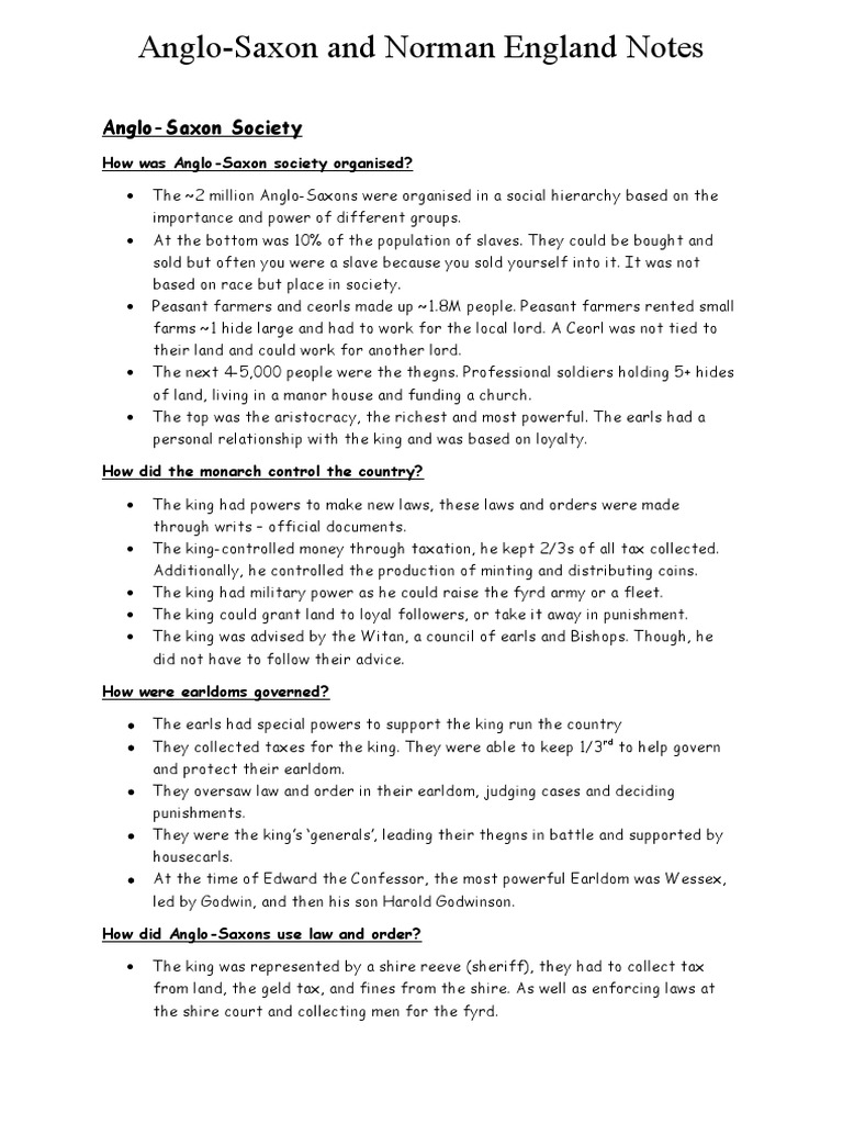 Anglo-Saxons and Norman England - Notes | PDF