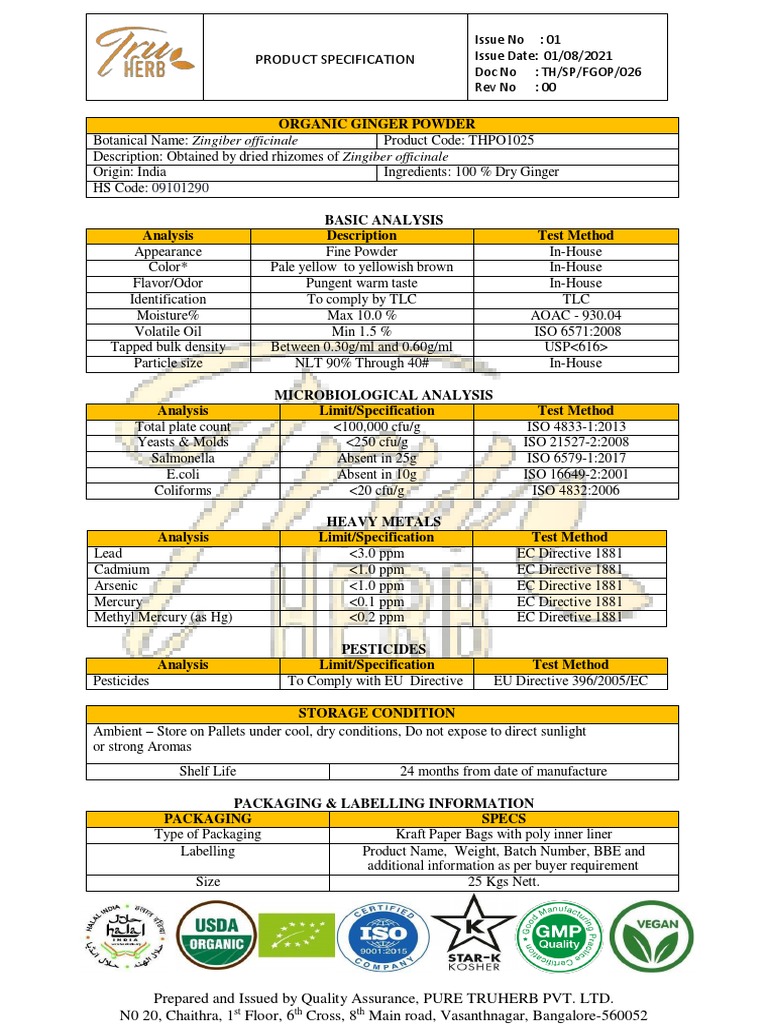 Specification-Organic Ginger Juice Powder | PDF | Ginger | Food Ingredients