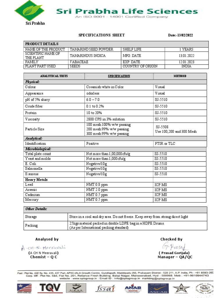 Tamarind Seed Powder Specifications Sheet | PDF