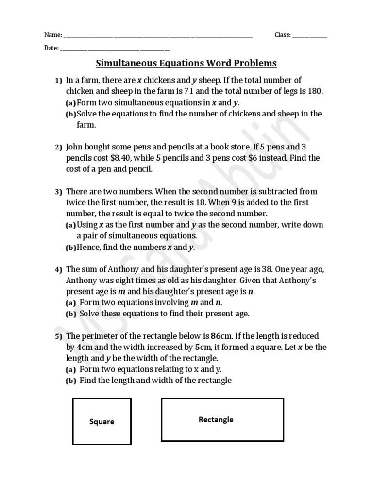 Simultaneous Equations Worksheet | PDF