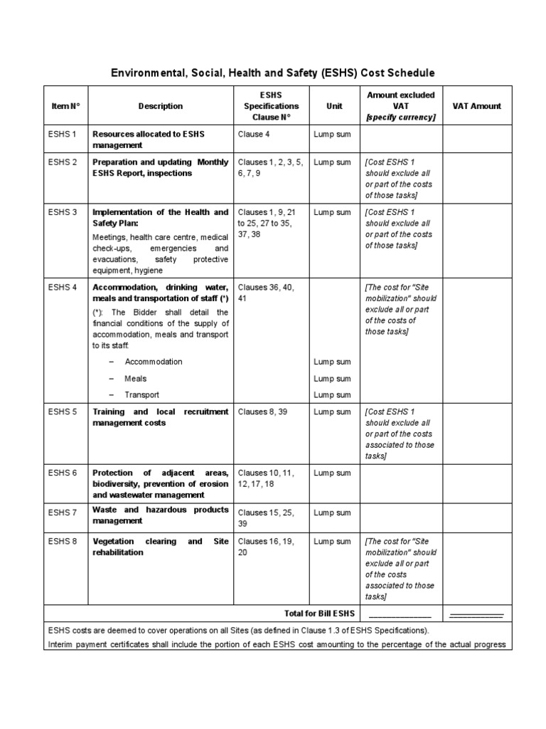3.2 Environmental, Social, Health and Safety (ESHS) Cost Schedule | PDF ...