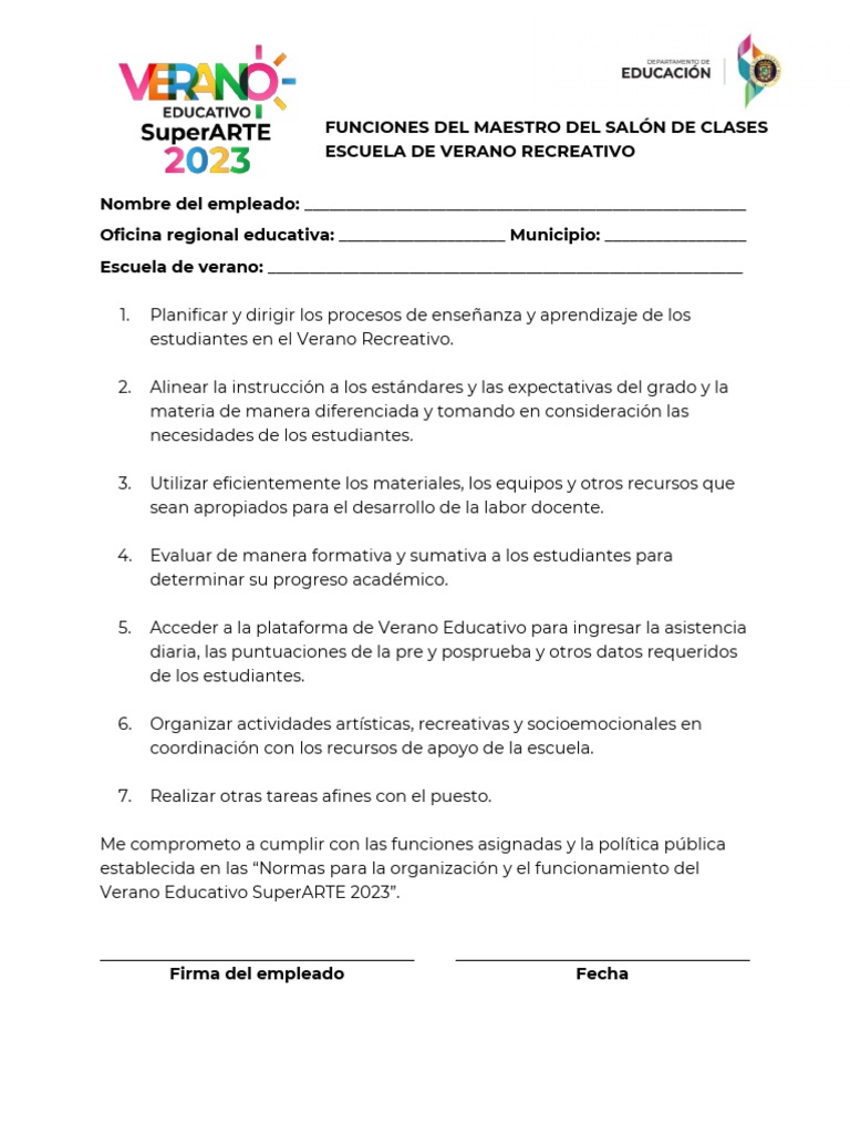 Funciones Del Maestro Del Salón de Clases de Verano Recreativo | PDF
