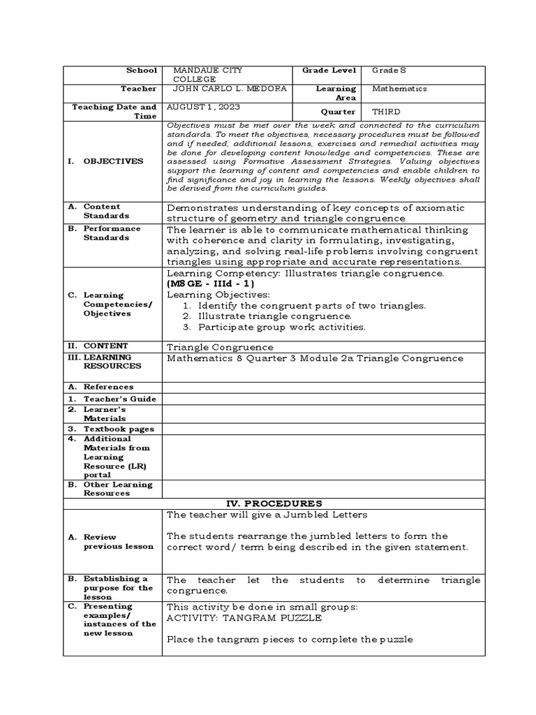 Lesson in Planning GRADE 8 | PDF | Learning | Curriculum