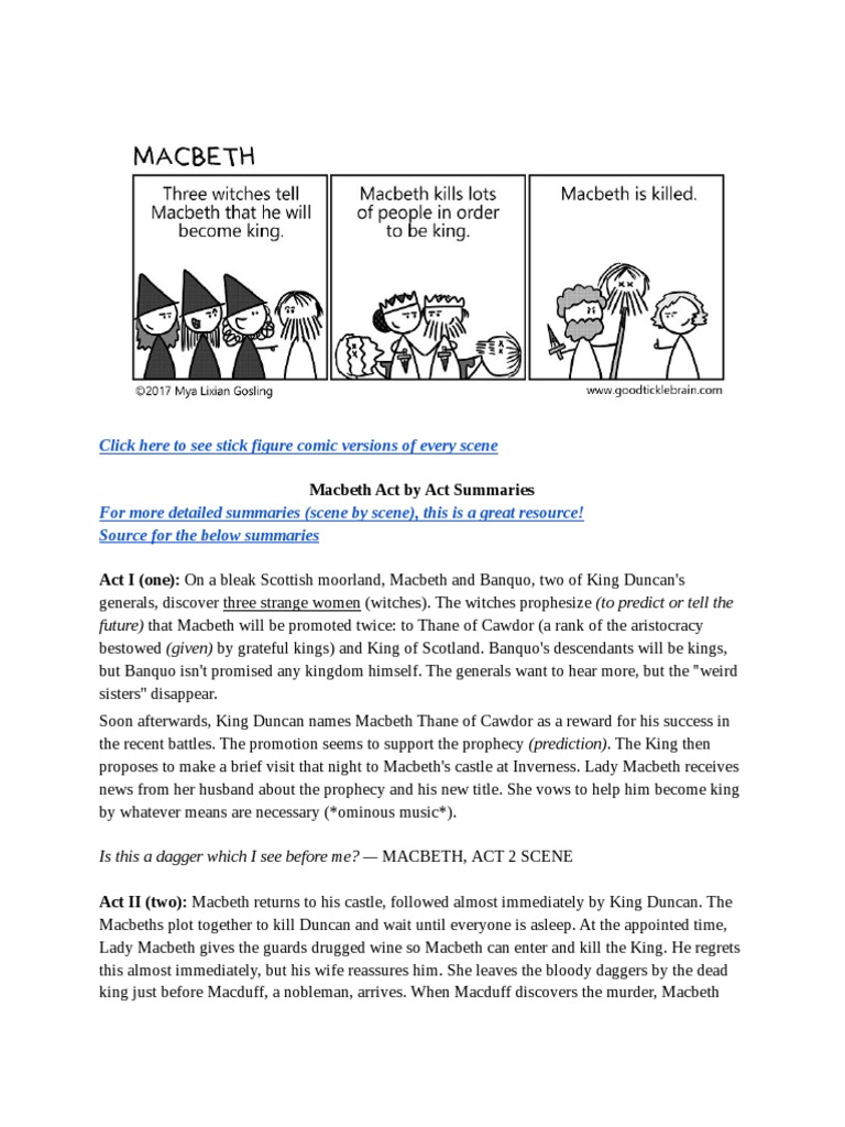 Macbeth Act by Act Summaries | PDF | Macbeth | Shakespearean Tragedies