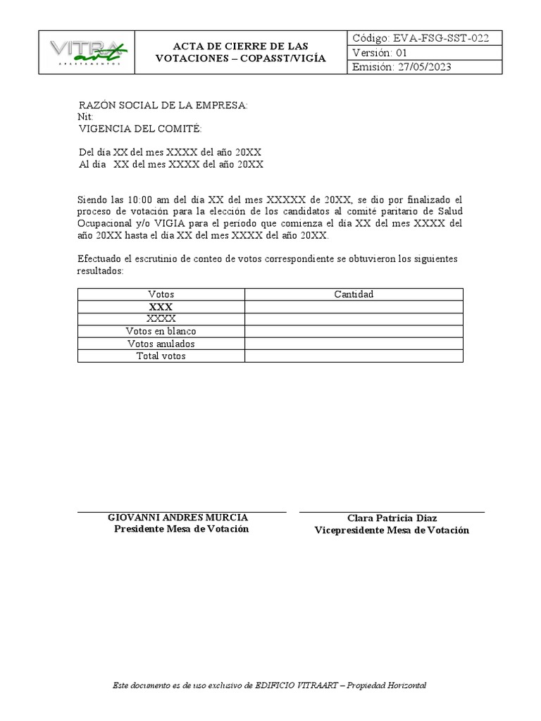 Eva-Fsg-Sst-022 Acta de Cierre de Las Votaciones - Copasst | PDF Eva-Fsg-Sst-022 Acta de Cierre de Las Votaciones - Copasst | PDF