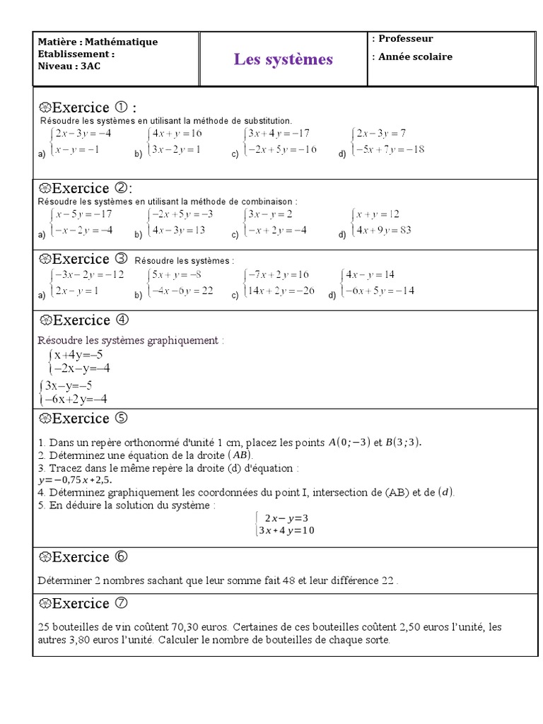 Systemes de 2 Equations A 2 Inconnues Exercices 3AC Maths 1 | PDF