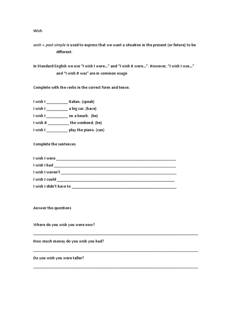 Wish | PDF | Grammatical Tense | Verb