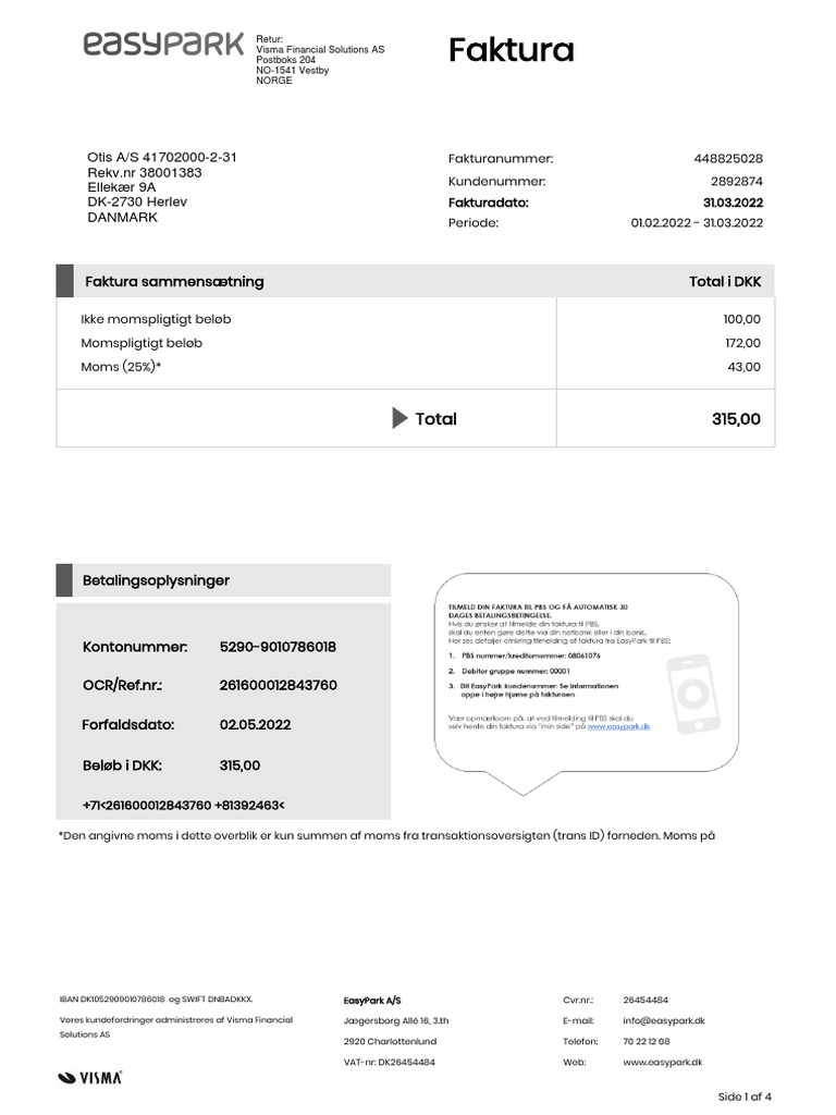 Faktura: Otis A/S 41702000-2-31 Rekv - NR 38001383 Ellekær 9A DK-2730 ...