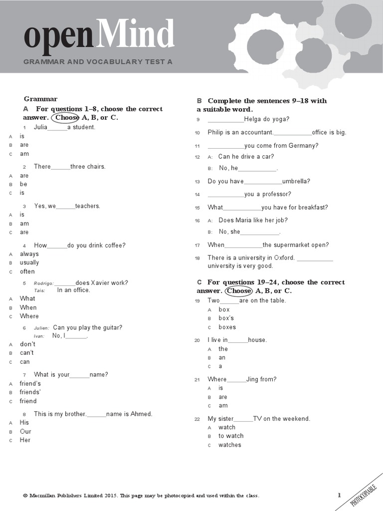 Grammar & Vocabulary Test A | PDF | Food And Drink