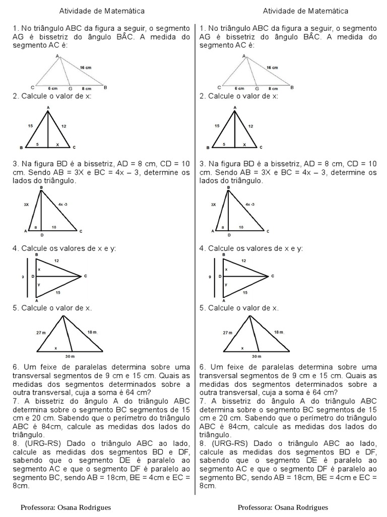 Atividade para Os Segundos Tales Bissetriz | PDF | Triângulo | Geometria Clássica