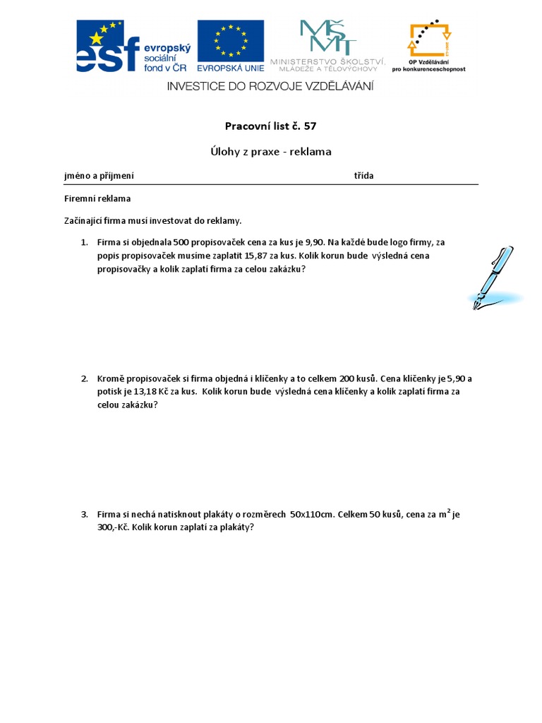 pracovní list č. 57 úlohy z praxe - reklama | PDF