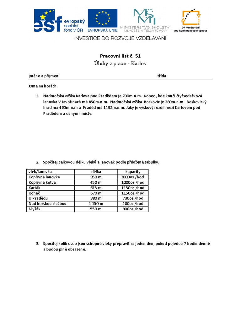 Pracovní List Č. 51 Úlohy Z Praxe - Karlov | PDF