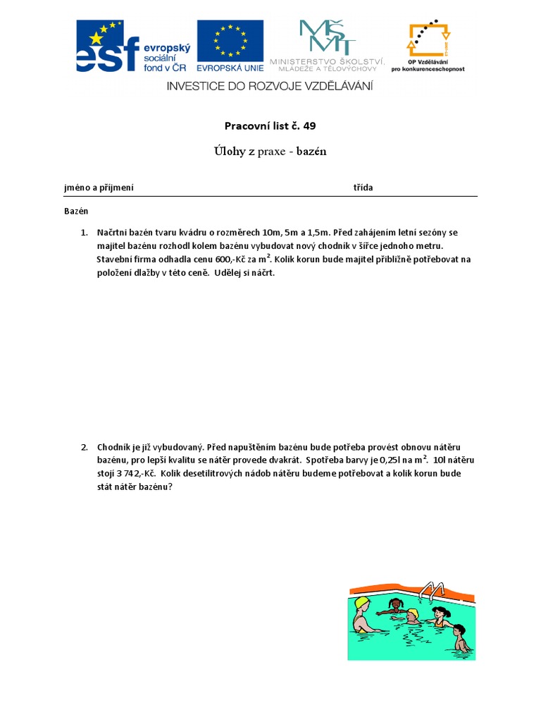 Pracovní List Č. 49 Úlohy Z Praxe - Bazén | PDF