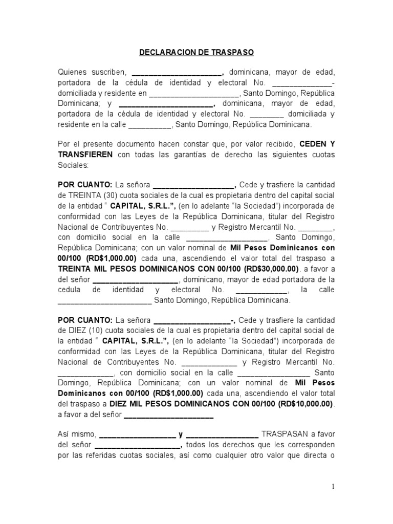 Declaración Traspaso de Acciones | PDF