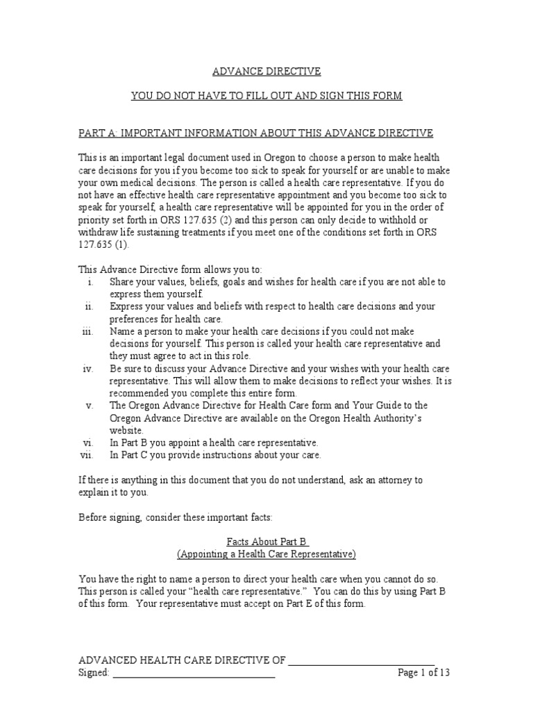 Oregon Advance Directive Template | PDF | Palliative Care | Public Services