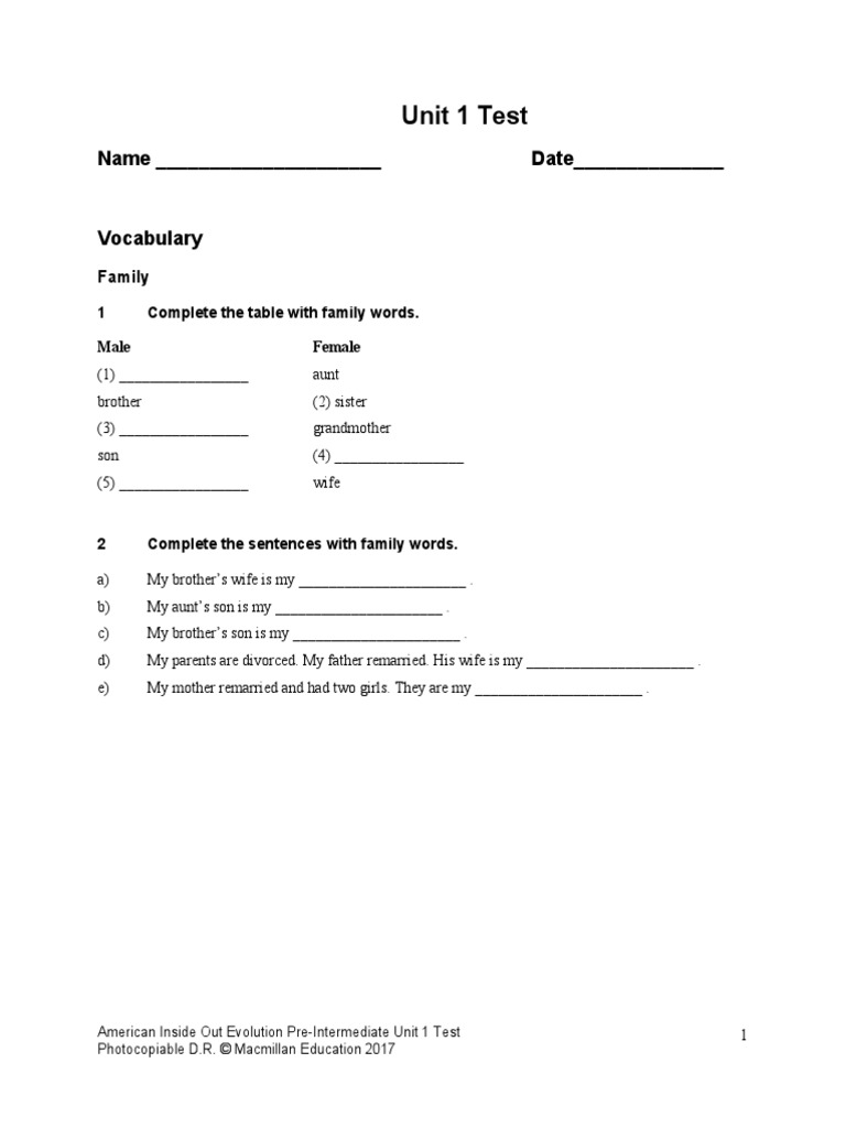 Basic English Test: Family & Grammar | PDF | Language Arts & Discipline