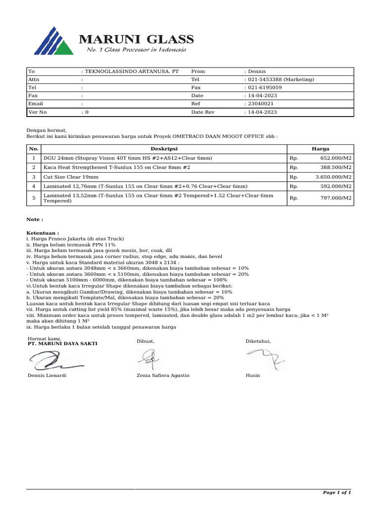 Quotation 23040021 Teknoglassindo Artanusa - Ometraco Daan Mogot Office ...
