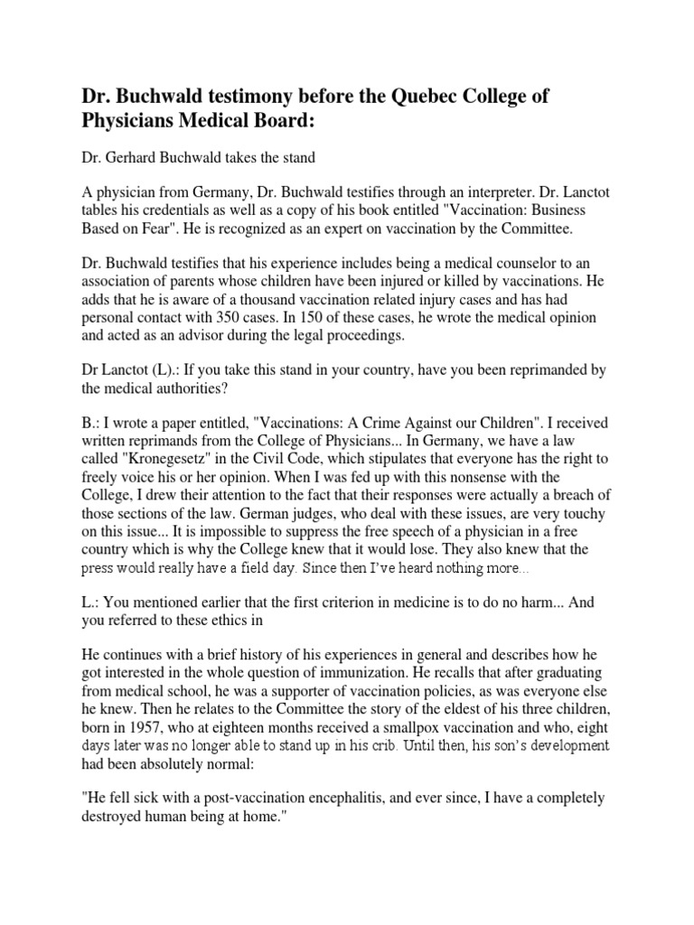 DR - Buchwalds Testimony Against Vaccination | PDF | Measles | Immunology