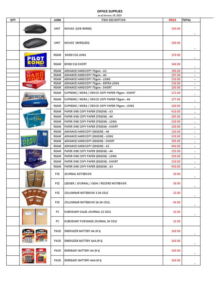 Cost office supplies store