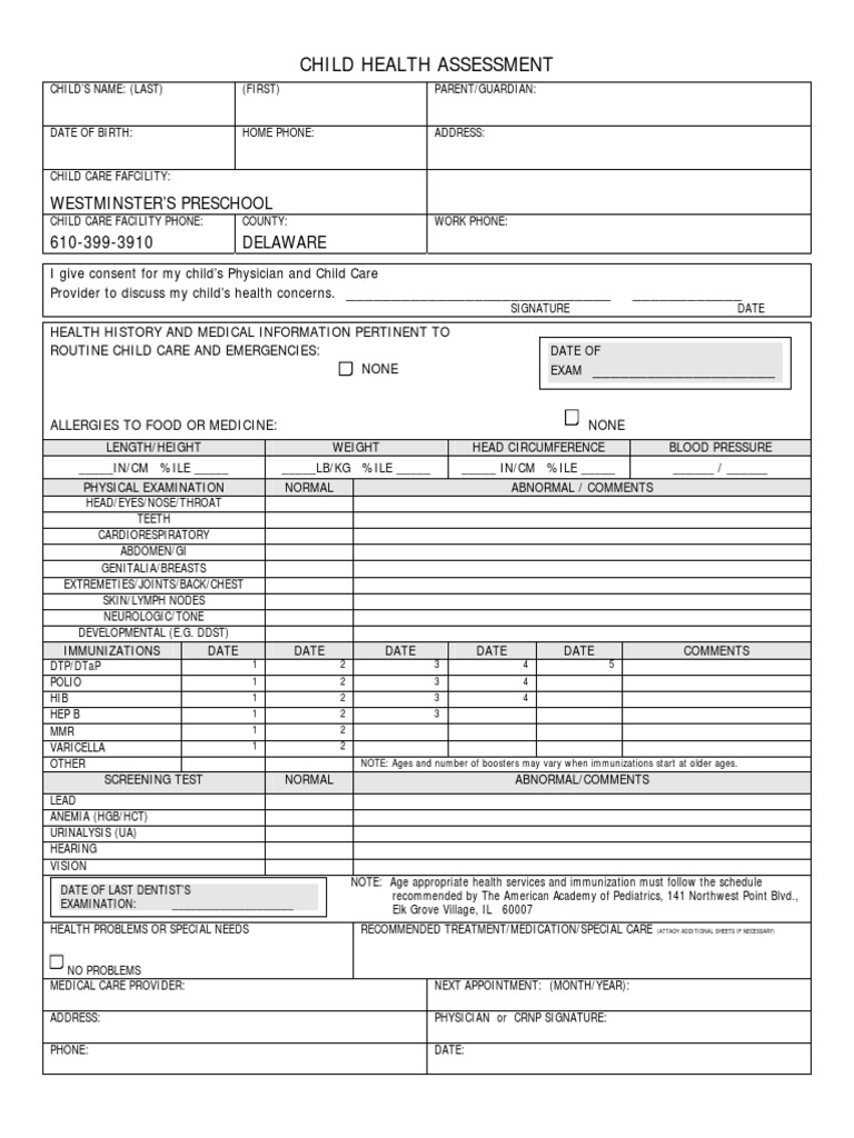 Preschool Health Assessment Form | PDF | Physical Examination ...