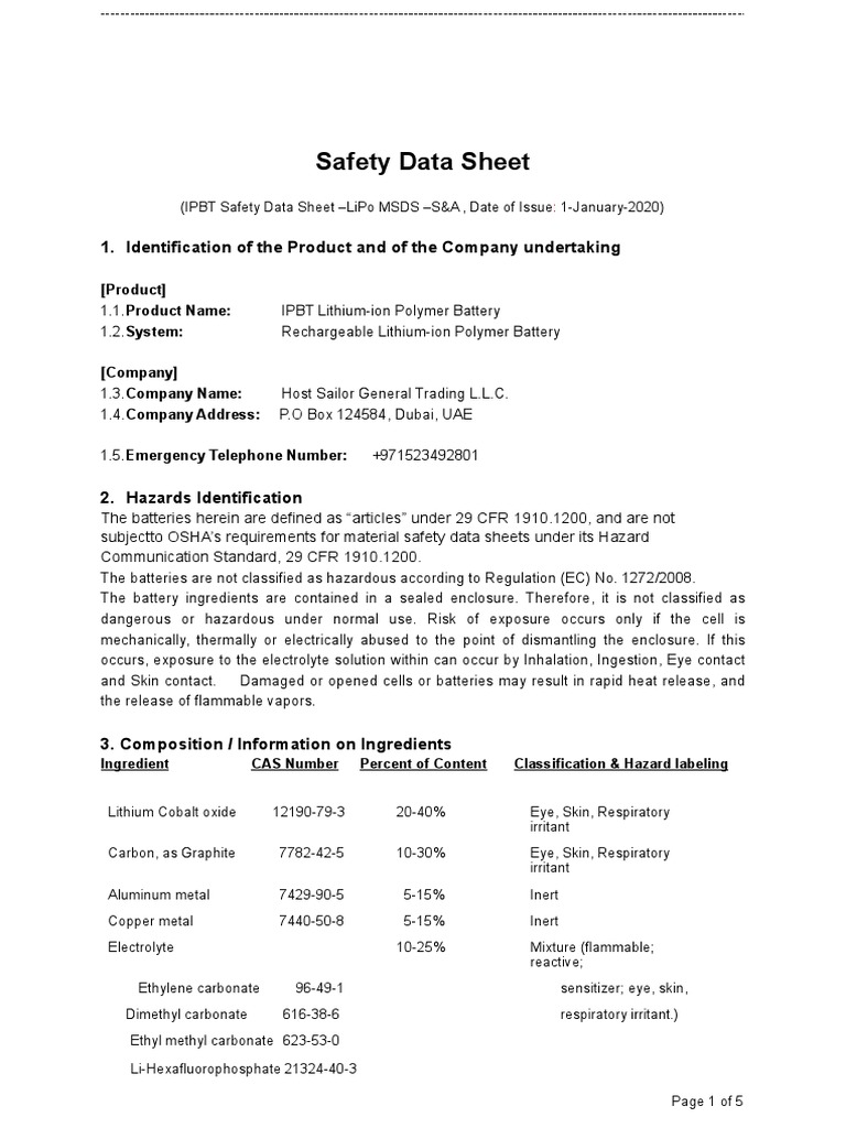 Msds Lithium Polymer Battery Artno75040816 17 En082017 2 | PDF ...