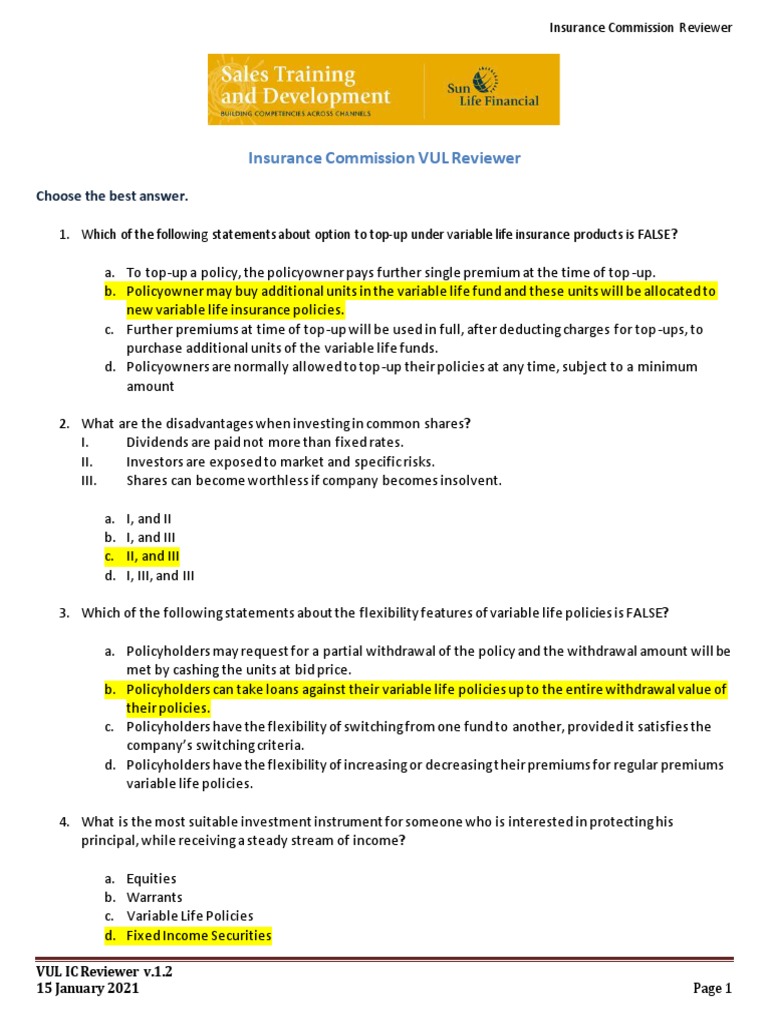 STD Insurance Commission VUL REVIEWER Answer Key 1.2 | PDF | Insurance | Investment Fund