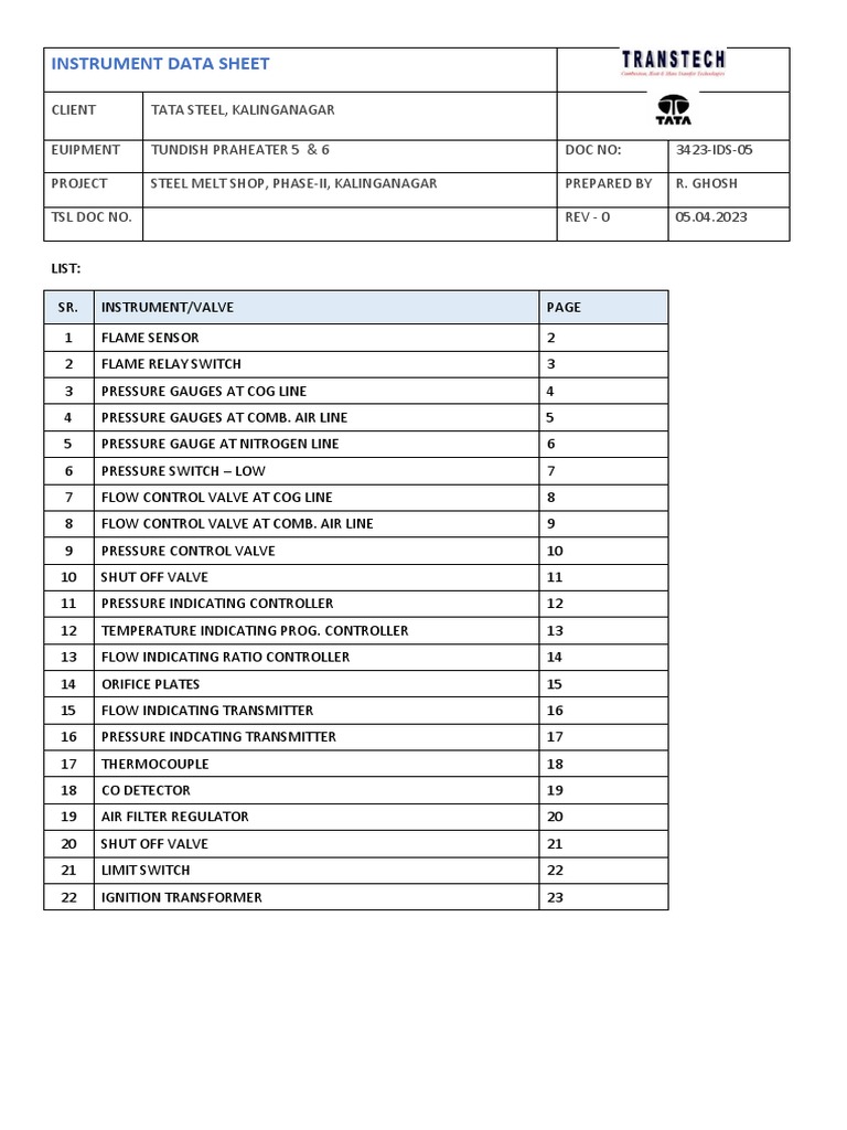3423-Instrument Data Sheet - Tundish Preheater 5 & 6 | PDF | Home & Garden | Computers