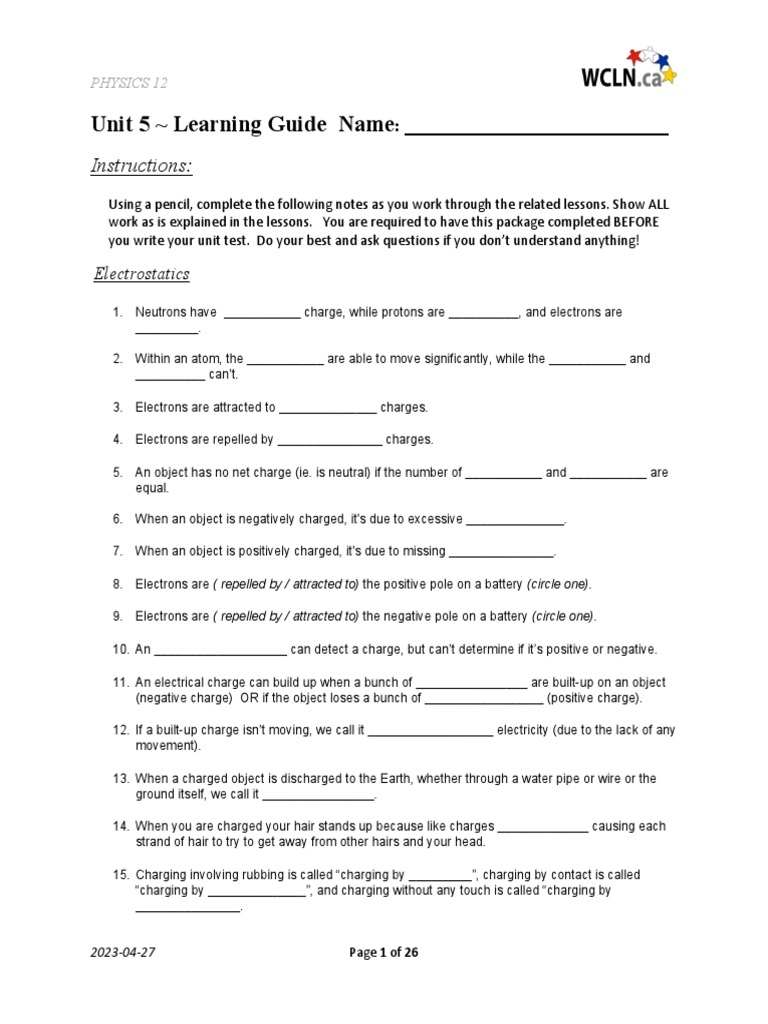 Physics 12 - Unit 5 Learning Guide | PDF | Potential Energy | Electric ...