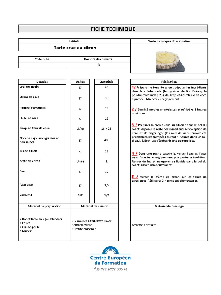 Fiche Technique - Tarte Crue Au Citron - Pâtisserie Végétale | PDF | Ingrédients alimentaires ...