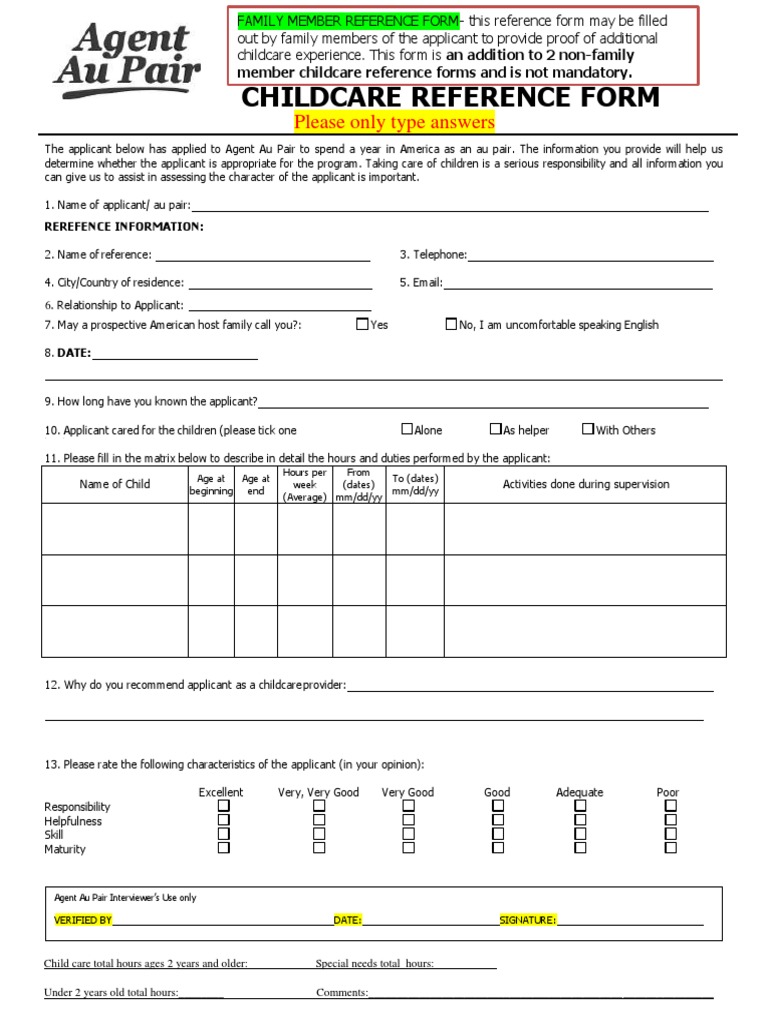 Childcare Reference Form for Au Pair | PDF | Child Care | Human Life Stages