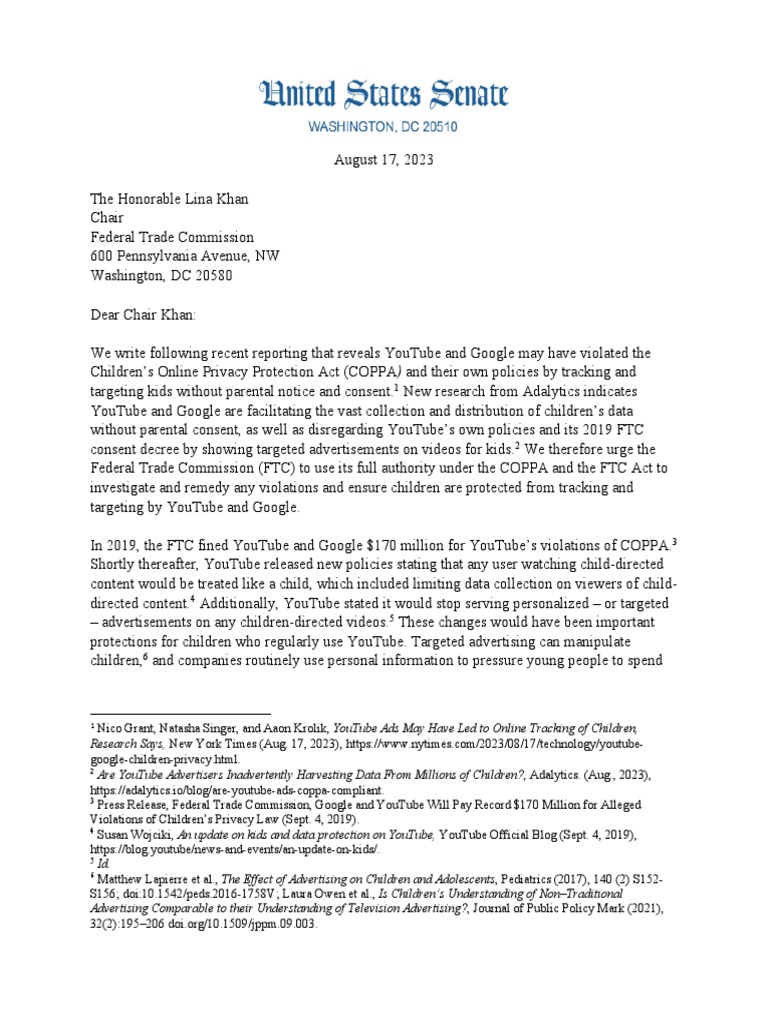 Letter to Chair of the Federal Trade Commission | PDF | You Tube ...