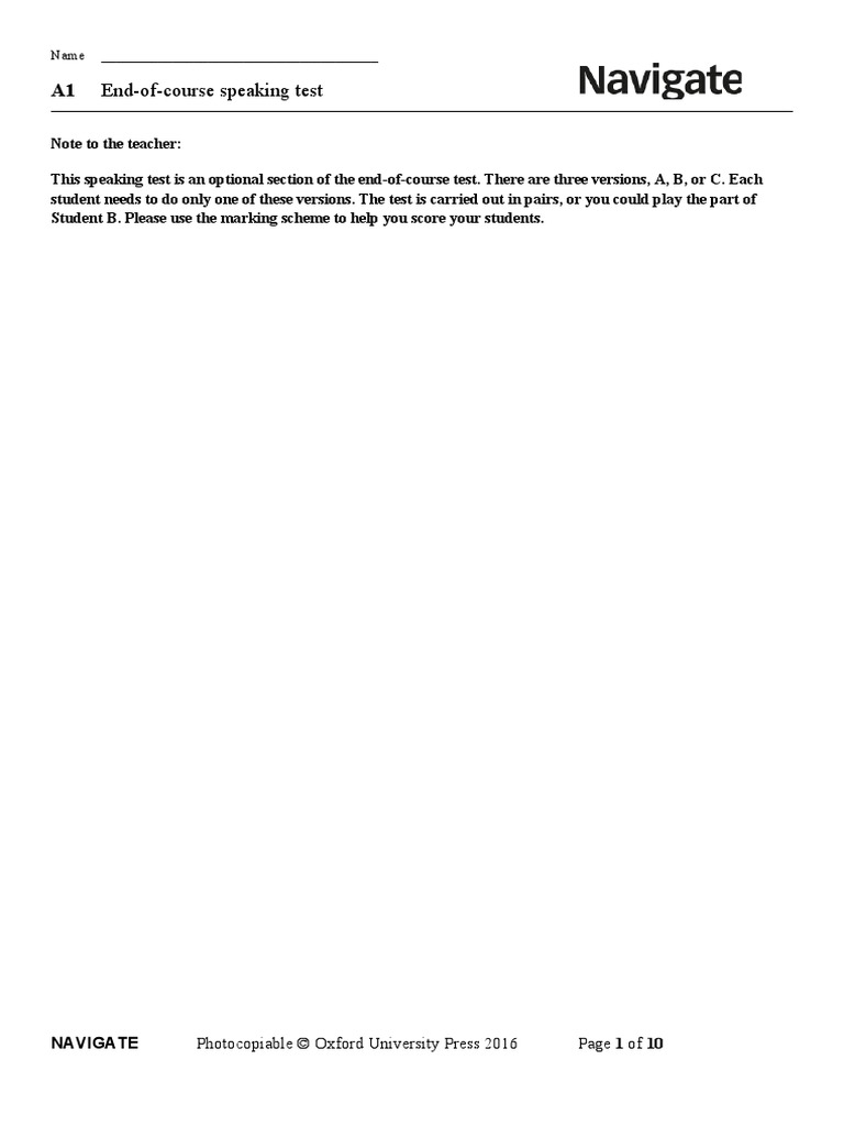 Navigate A1 End-Of-Course Test Speaking | PDF