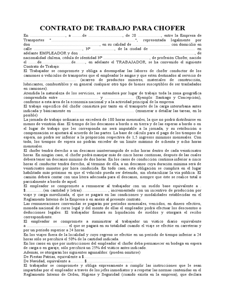 Modelo CONTRATO PARA Chofer | PDF | Transporte | Salario