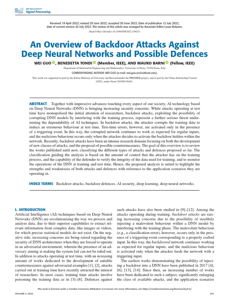An Overview Of Backdoor Attacks Against Deep Neural Networks And Possible Defences Pdf Deep