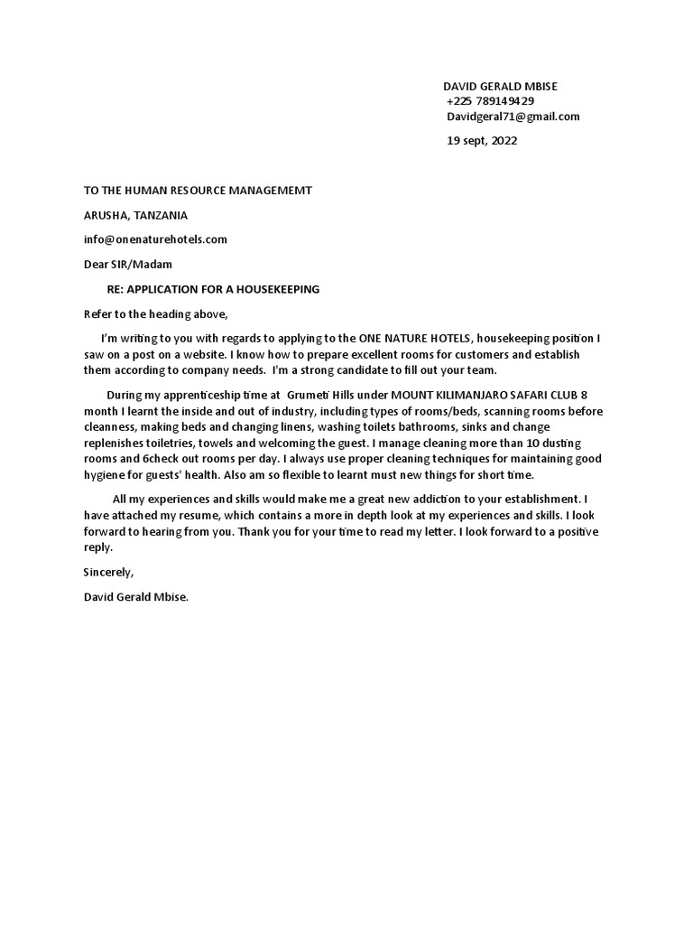 Housekeeping Job Application - David Mbise | PDF