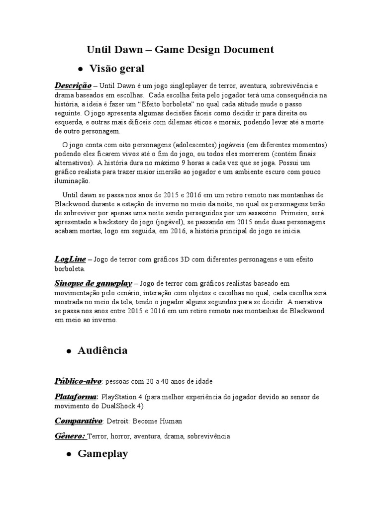 Eduardo - Pereira - TJL01 - GDD - Until Dawn | PDF
