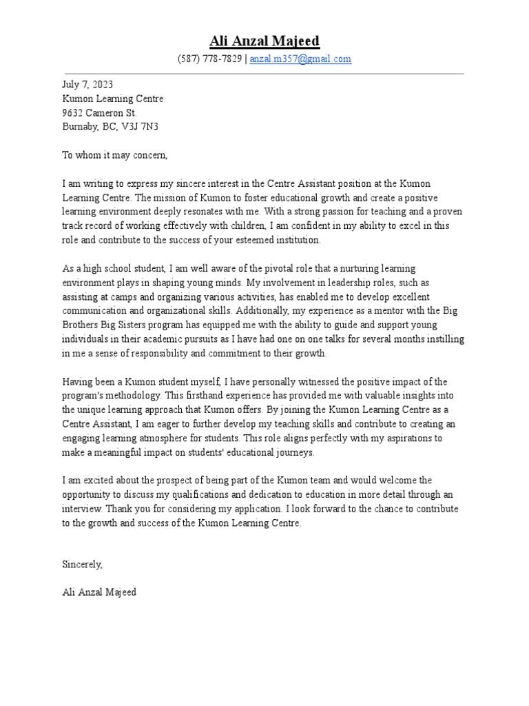 Cover Letter Kumon - Cle | PDF