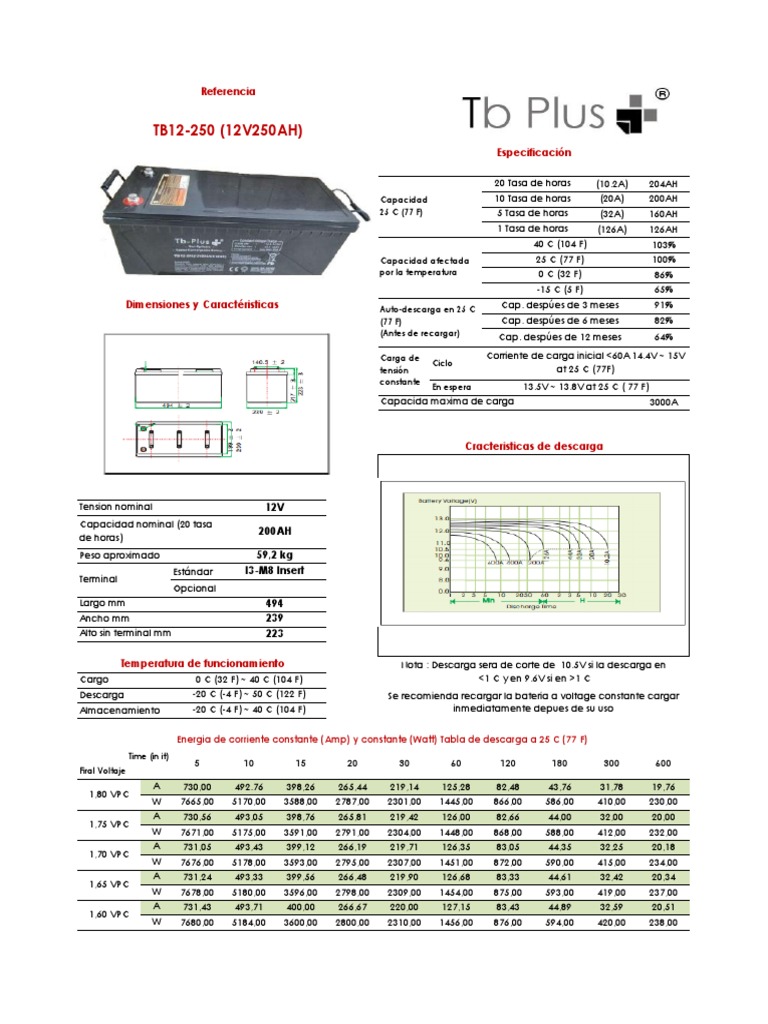 Ficha Tecn - TB Plus 12-200 (12V200AH) | PDF