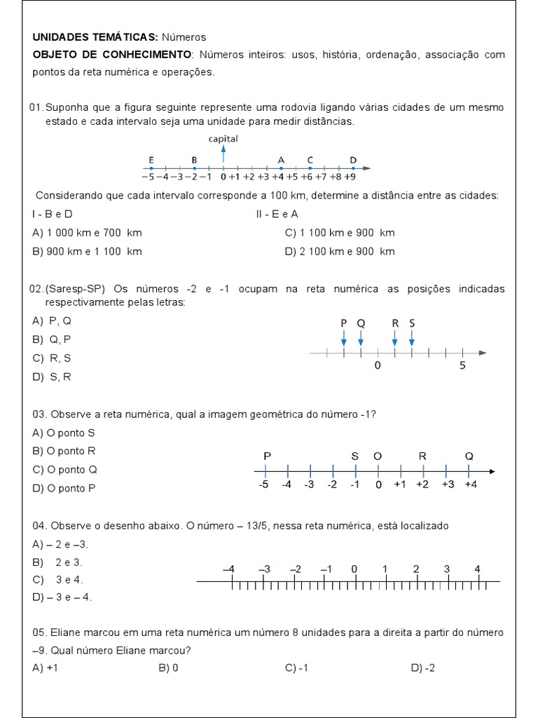 ATIVIDADE 02 - Números Inteiros Na Reta Numérica | PDF